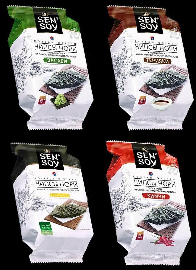 Sen Soy чипсы нори Кимчи, Васаби, Терияки, Оригинал 4,5гр(Набор из 4 вида)