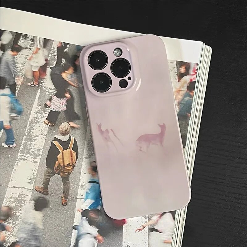 Корейский чехол с рисунком розового оленя для iPhone 16, 15, 14, 13 Pro Max 12, Mini 11 Pro Plus SE, противоударный защитный жесткий акриловый чехол