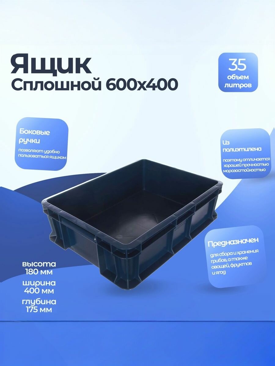 Сплошной ящик с ручками Тара. ру 600х400х180 мм, синий 17341