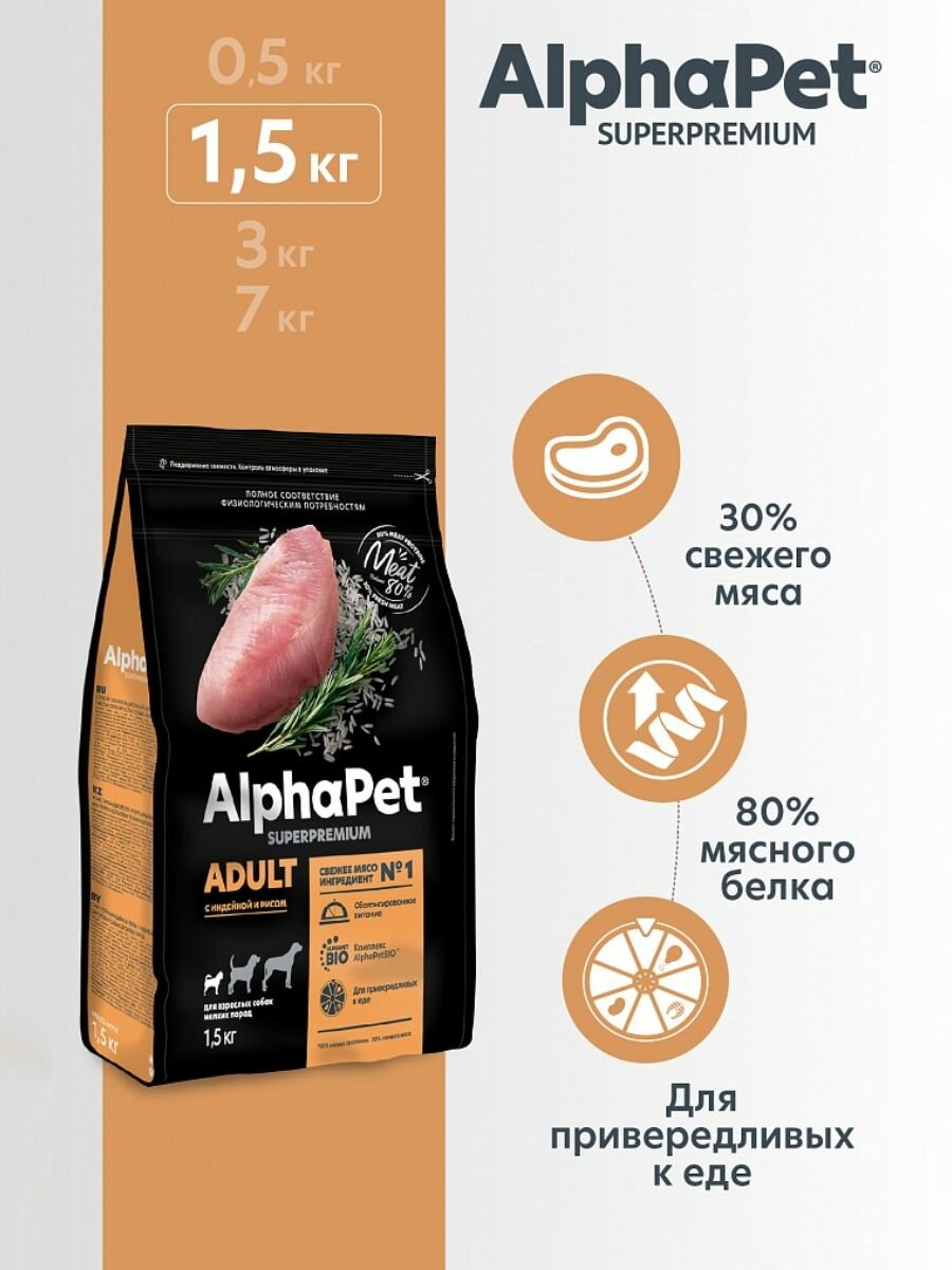 AlphaPet Superpremium Сухой корм для собак мелких пород, с индейкой и рисом - 1,5 кг