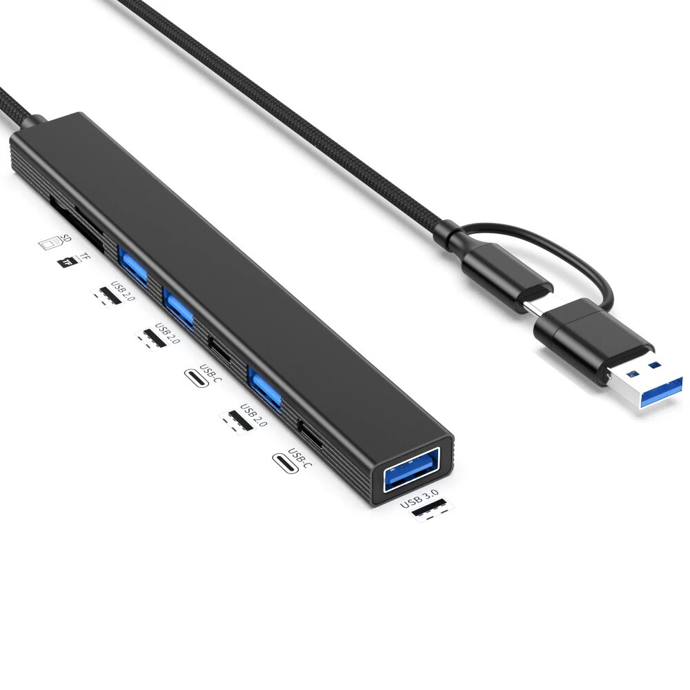 8-портовый концентратор USB 3.0 с двойной головкой USB C TYPE C с устройством чтения карт SD MICRO SD USB2.0 Кабель для передачи данных Разветвитель зарядной док-станции типа C