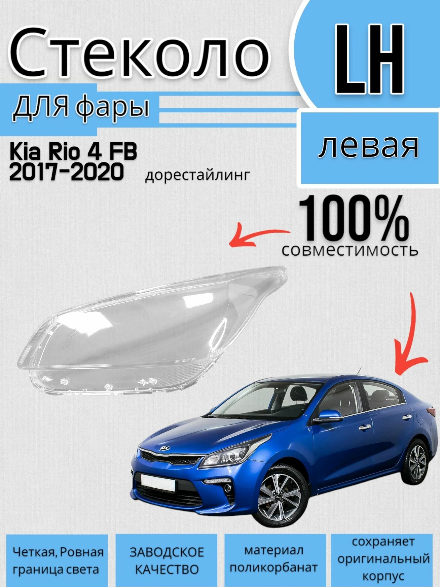 Стекло фар Kia Rio 4 Киа Рио (2017-2020) Левое