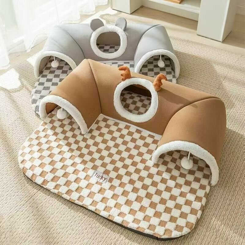 Утепленный домик-лежанка для кошек с игровым туннелем, тоннель для кошек игровой, домик для кошки, Каштановый, S,55*40CM