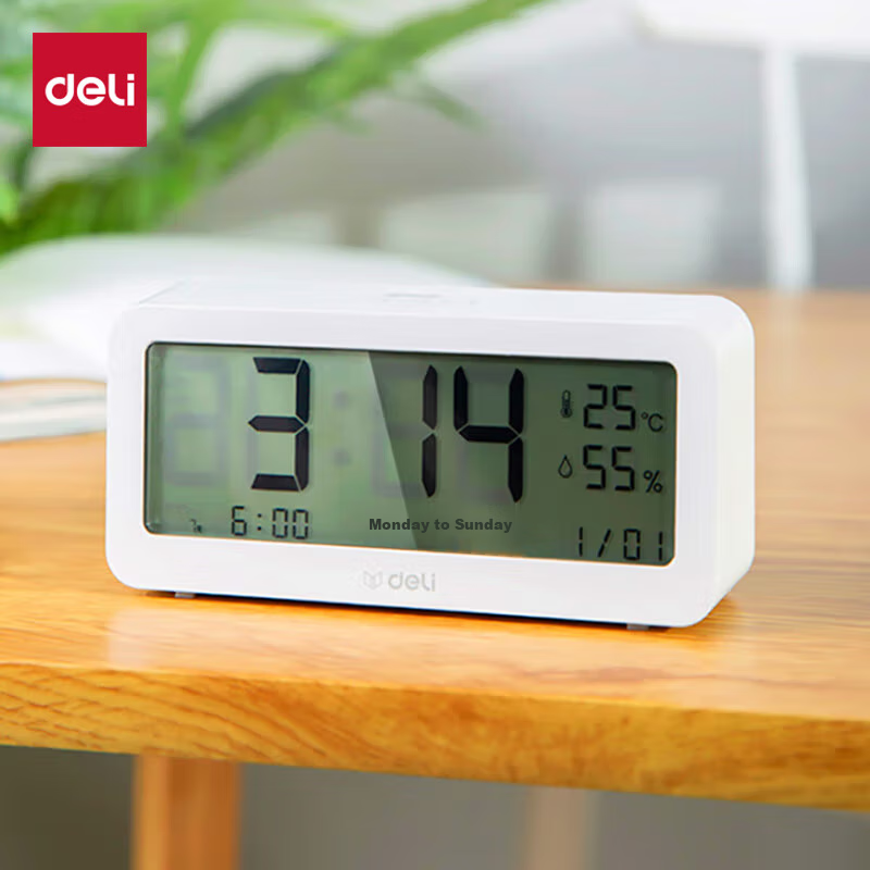 Deli Large Multi-function Electronic Alarm Clock for Students with Temperature and Humidity Display White 8827