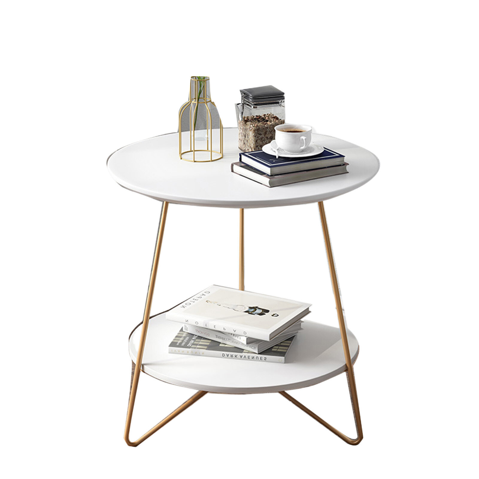 Круглый приставной столик для дивана, двухслойный деревянный стол, белый