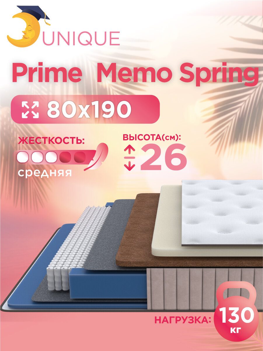 Анатомический, Ортопедический матрас 80х190 Prime Memo Spring, односпальный