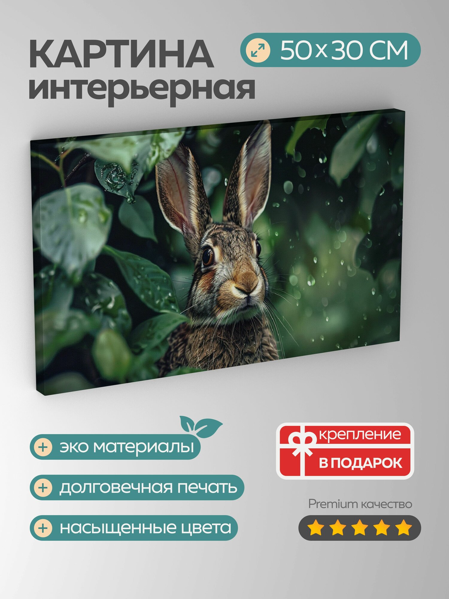 Картина на холсте интерьерная 50х30 см, заяц, листва, ливень, влажная шерсть, любопытство, осторожность, укрытие