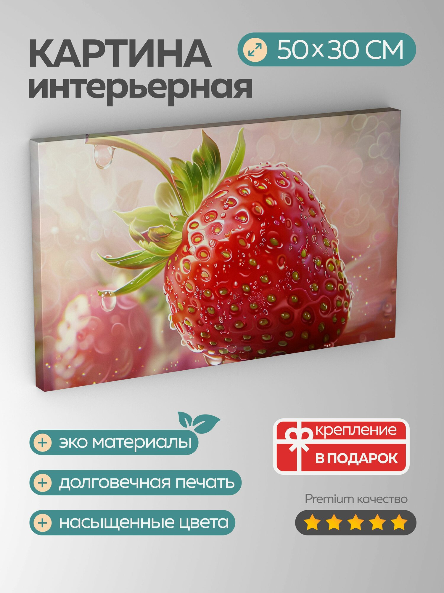 Картина на холсте интерьерная 50х30 см, клубника, сочная, спелая, красные оттенки, блестящие капли, роса, свежесть