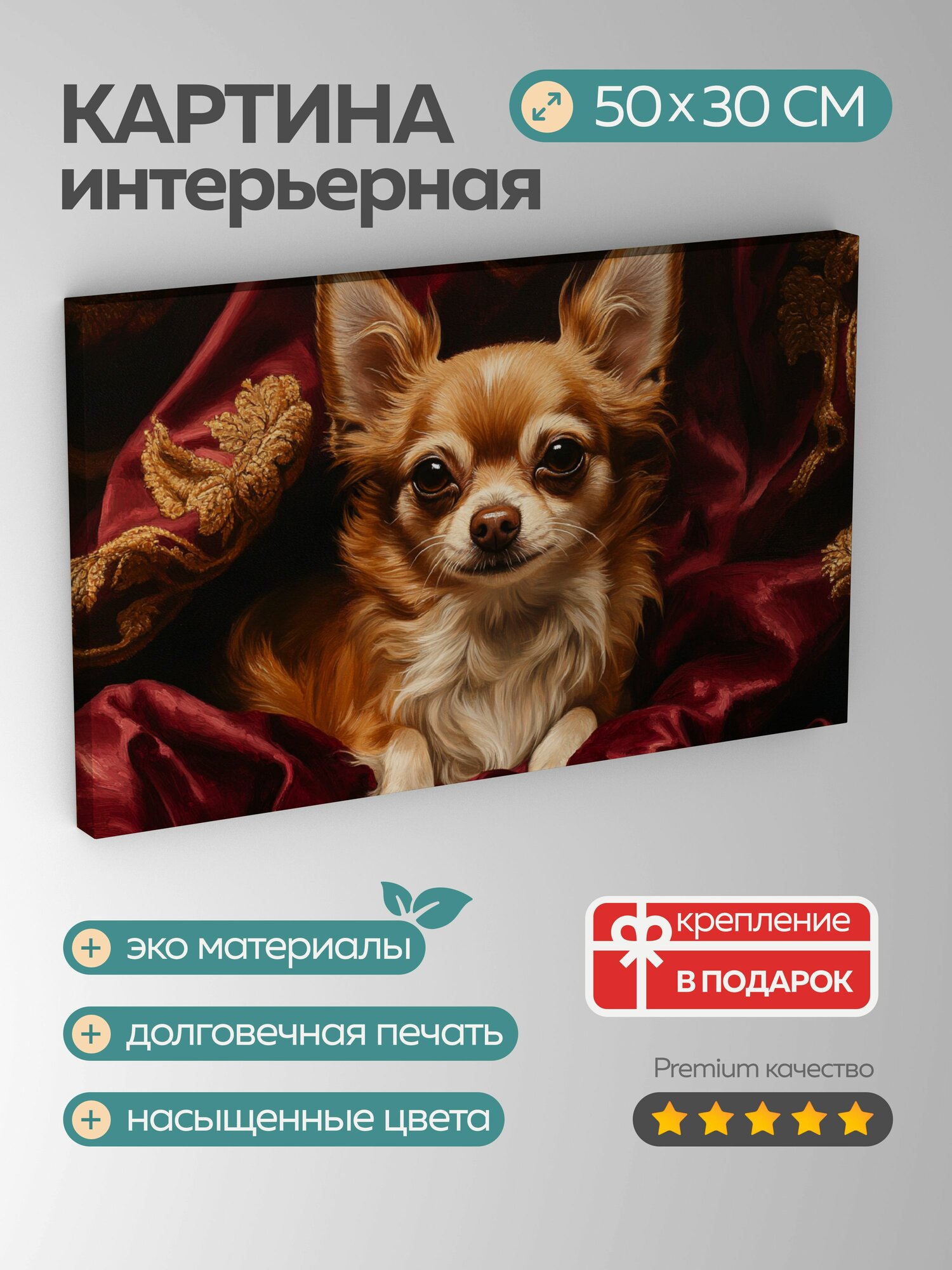 Картина на холсте интерьерная 50х30 см, чихуахуа, масляная картина, темно-бордовая шерсть, царственная поза