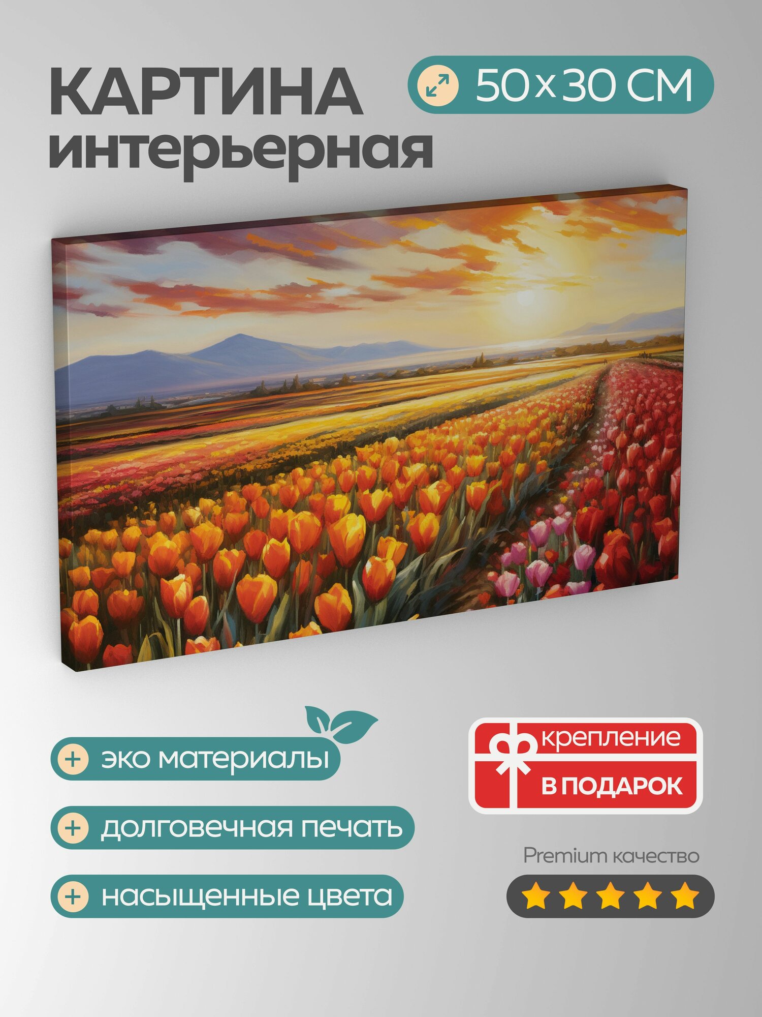 Картина на холсте интерьерная 50х30 см, картина, масло, поле, тюльпаны, цвета, весна, расцвет, композиция, вид, свет