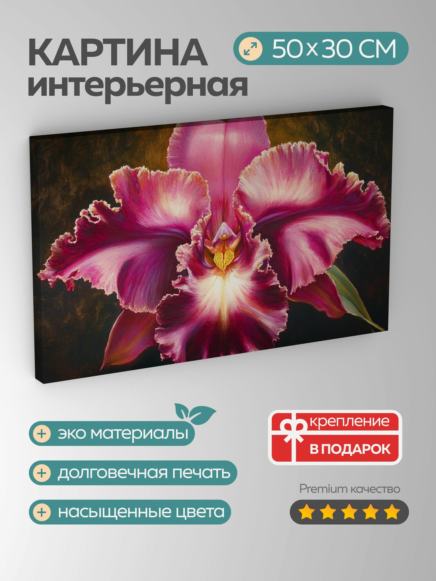 Картина на холсте интерьерная 50х30 см, орхидея, масляная картина, глубокие краски, угрюмый фон, царственность