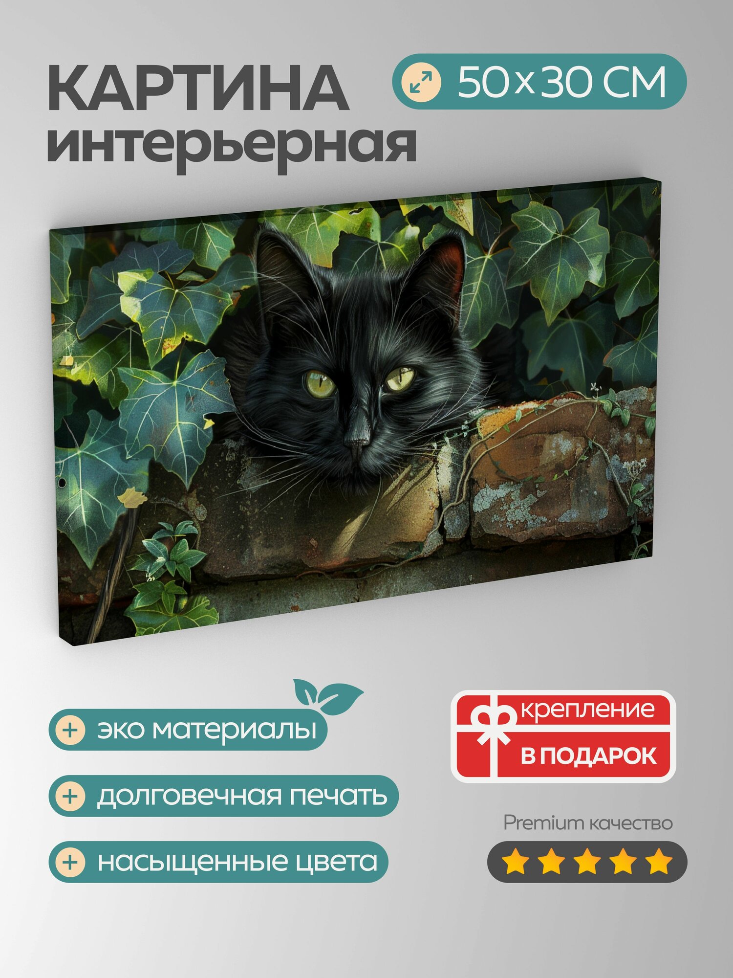 Картина на холсте интерьерная 50х30 см, кот, черный, тень, деревенская стена, плющ, желтые глаза, элегантность, шерсть