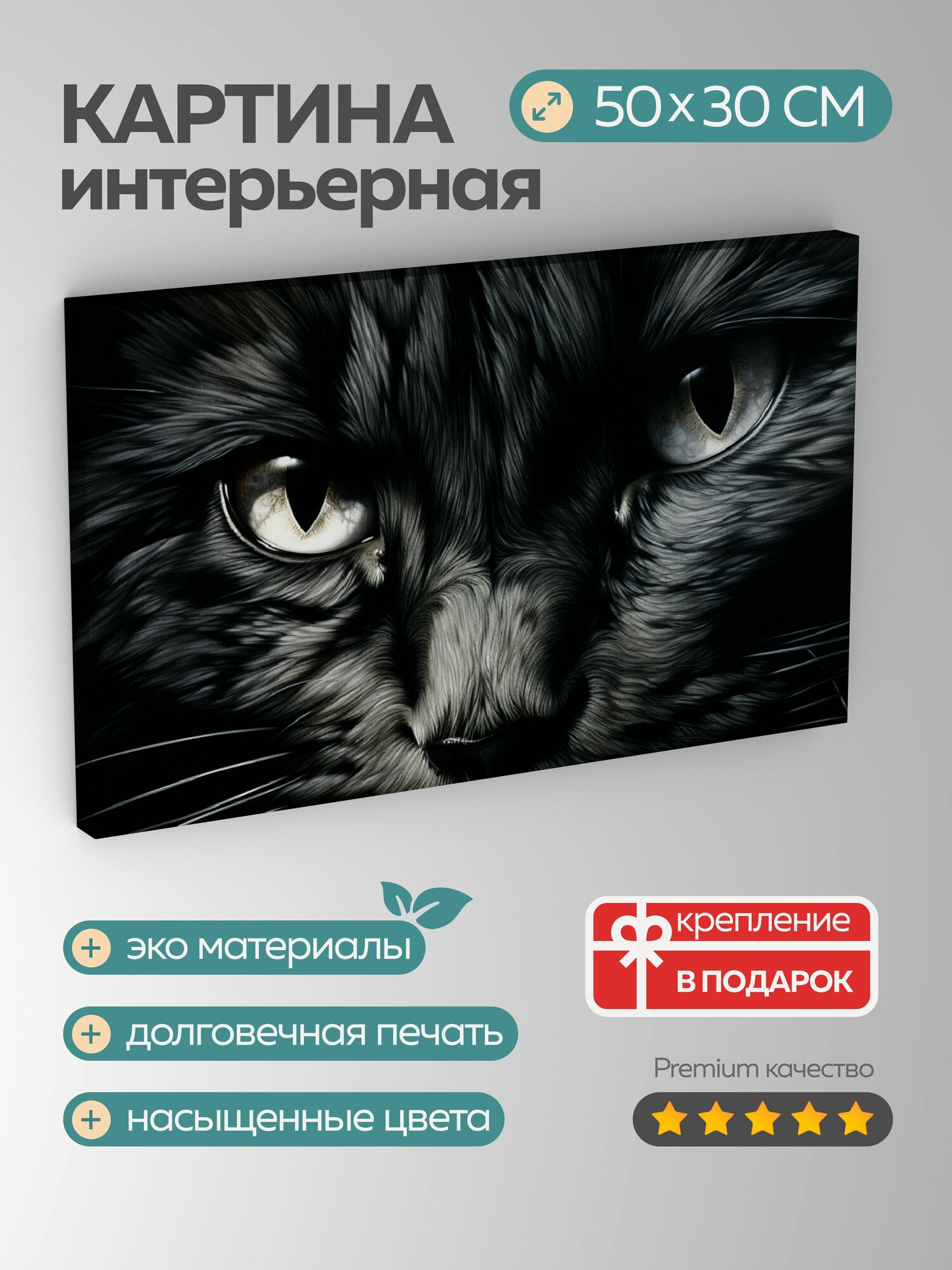 Картина на холсте интерьерная 50х30 см, уголь, кошачий глаз, темнота, детали, загадочность, аура, глубина, взгляд