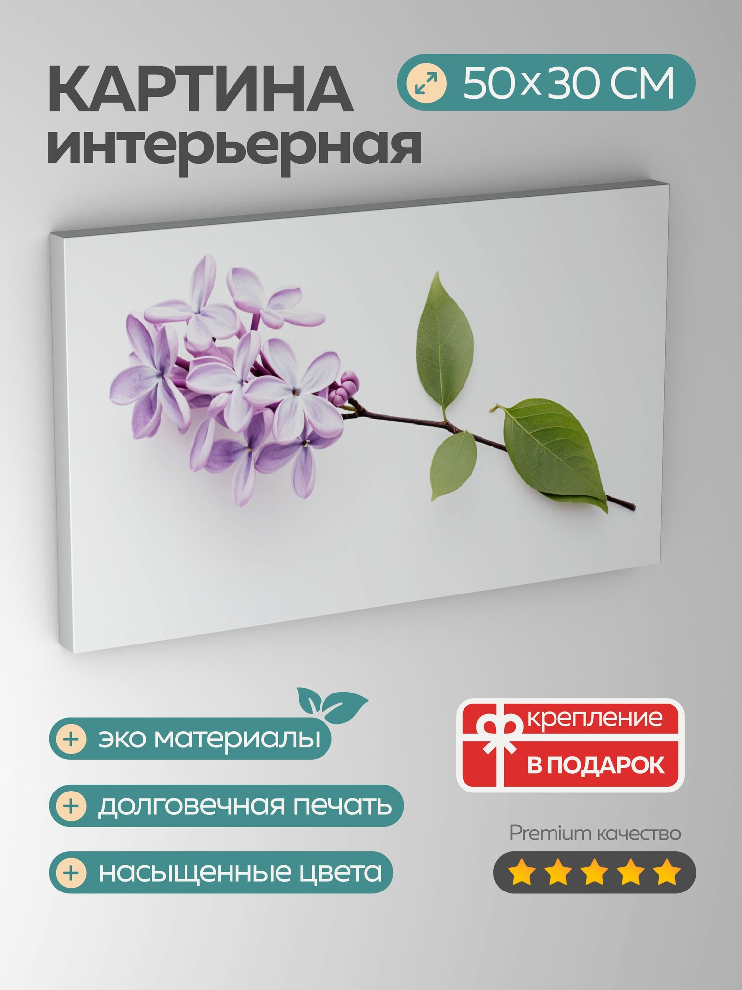 Картина на холсте интерьерная 50х30 см, сирень, цветок, минимализм, графический дизайн, белый фон, простота