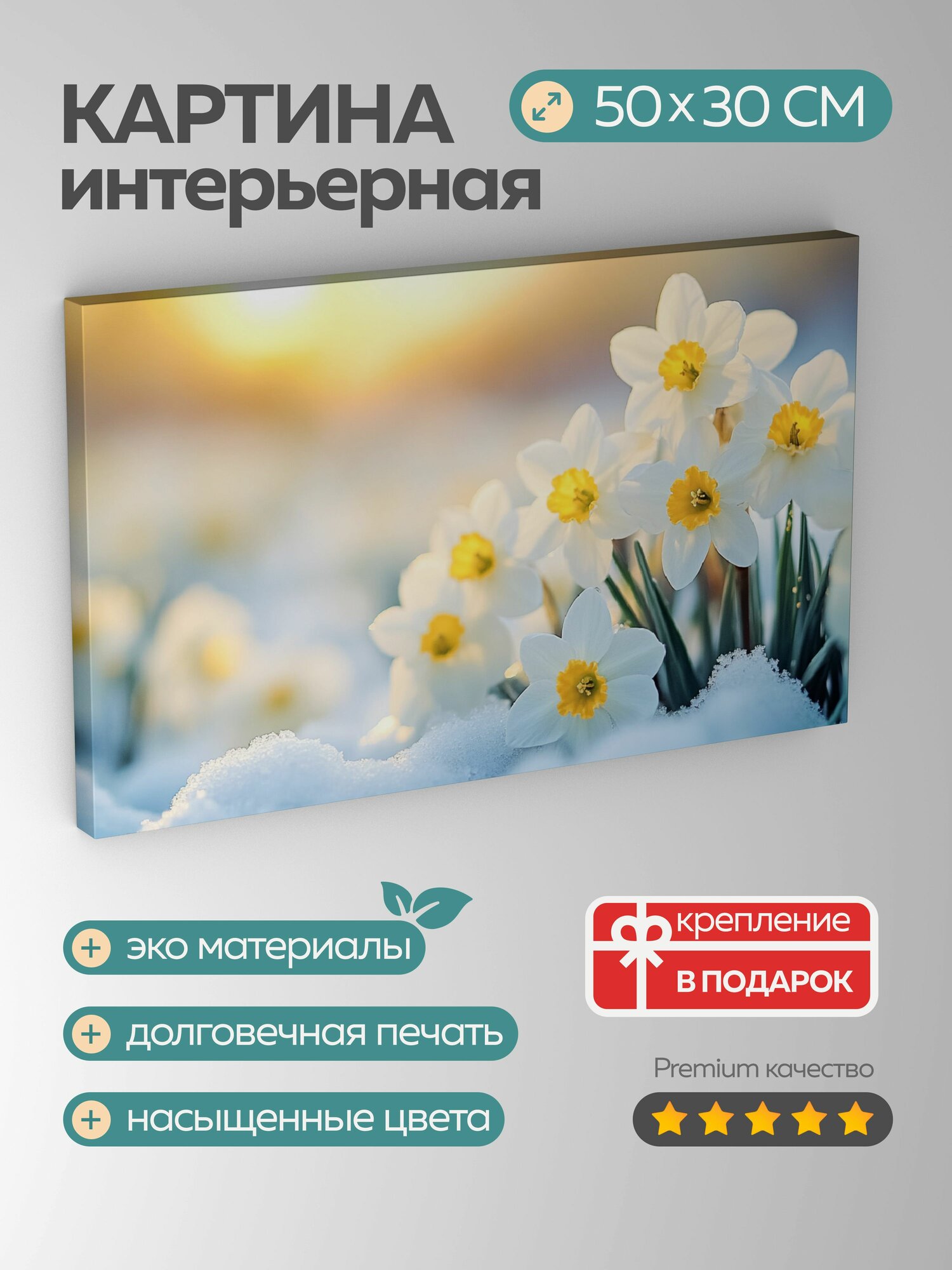 Картина на холсте интерьерная 50х30 см, зимний пейзаж, заснеженное поле, яркие зимние цветы, Canon EF 24-70mm, ISO 100