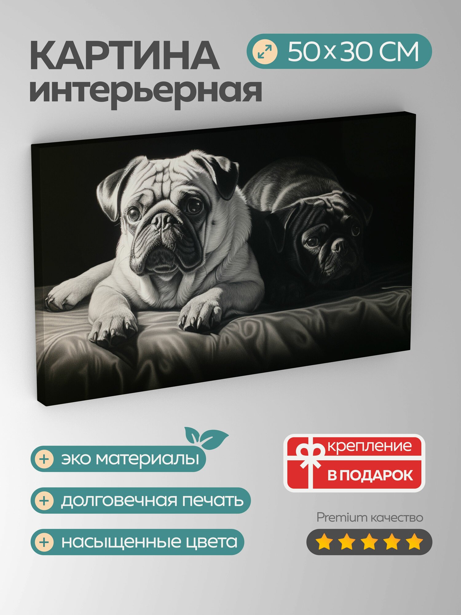 Картина на холсте интерьерная 50х30 см, черно-белый рисунок, уголь, мопс, тень, контраст, свет, тьма