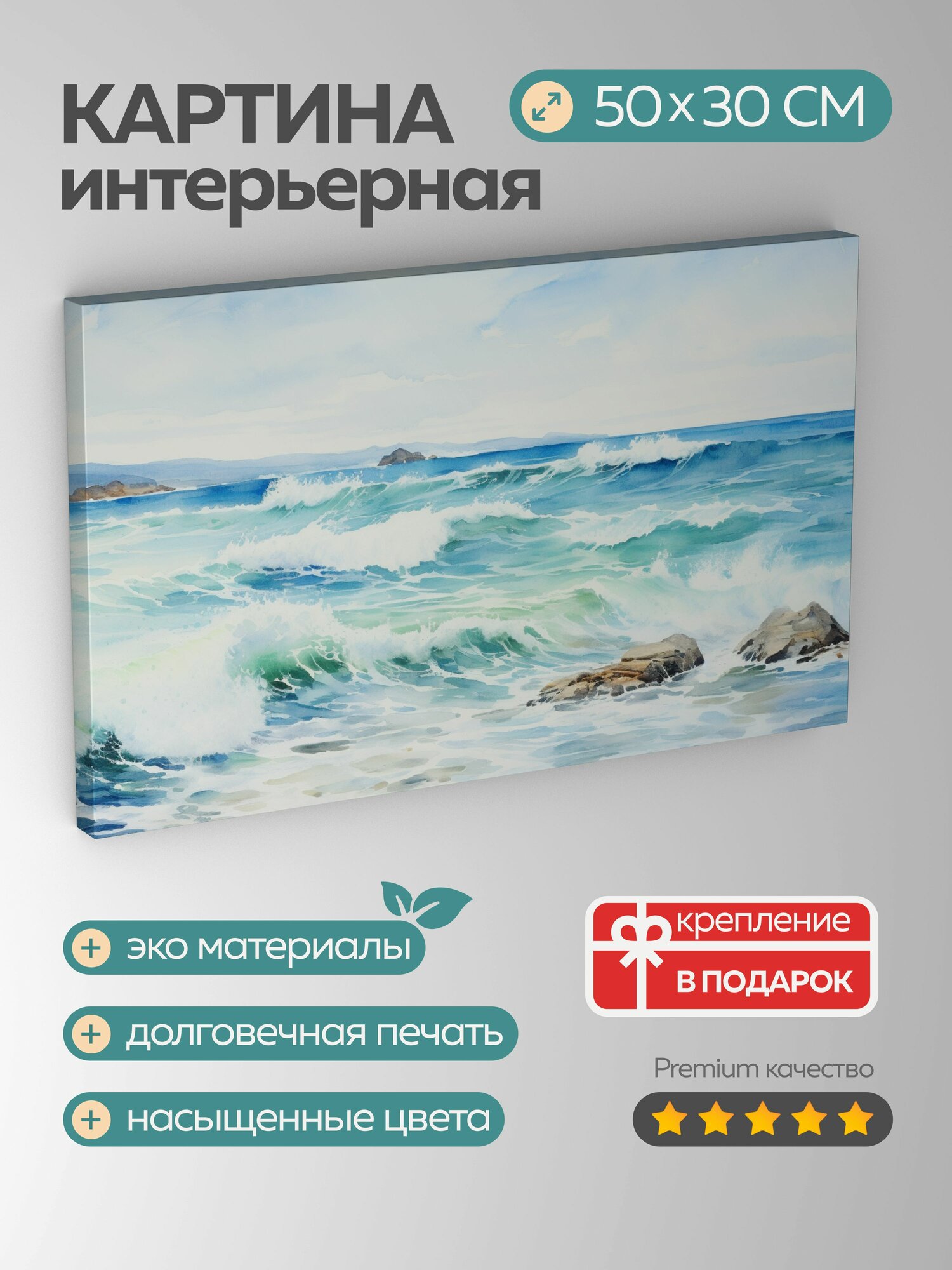 Картина на холсте интерьерная 50х30 см, акварельный морской пейза, импрессионизм, Клод Моне, цвета океана