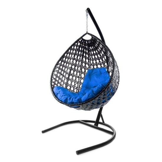 Подвесное кресло кокон M-group Капля с ротангом Люкс черное+синяя подушка