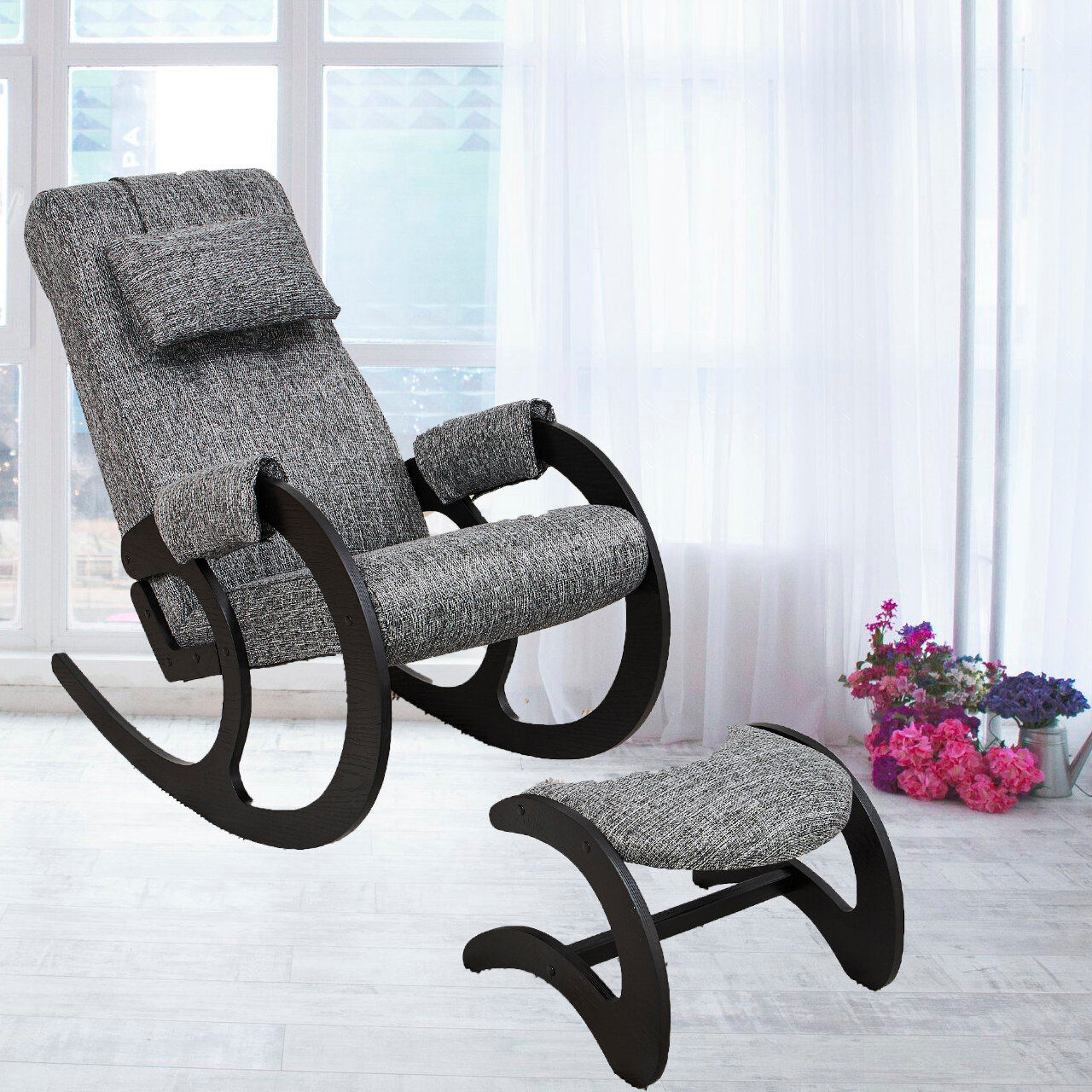 Кресло-качалка AVK Блюз, с банкеткой, рогожка/фанера, пенополиуретан, серый/венге