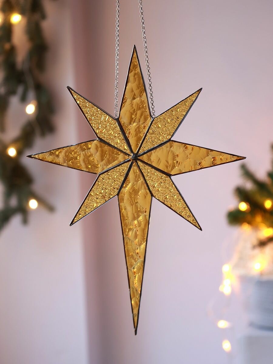 Витражная подвеска "Вифлеемская звезда" из прозрачного фактурного желтого стекла с серебристыми гранями