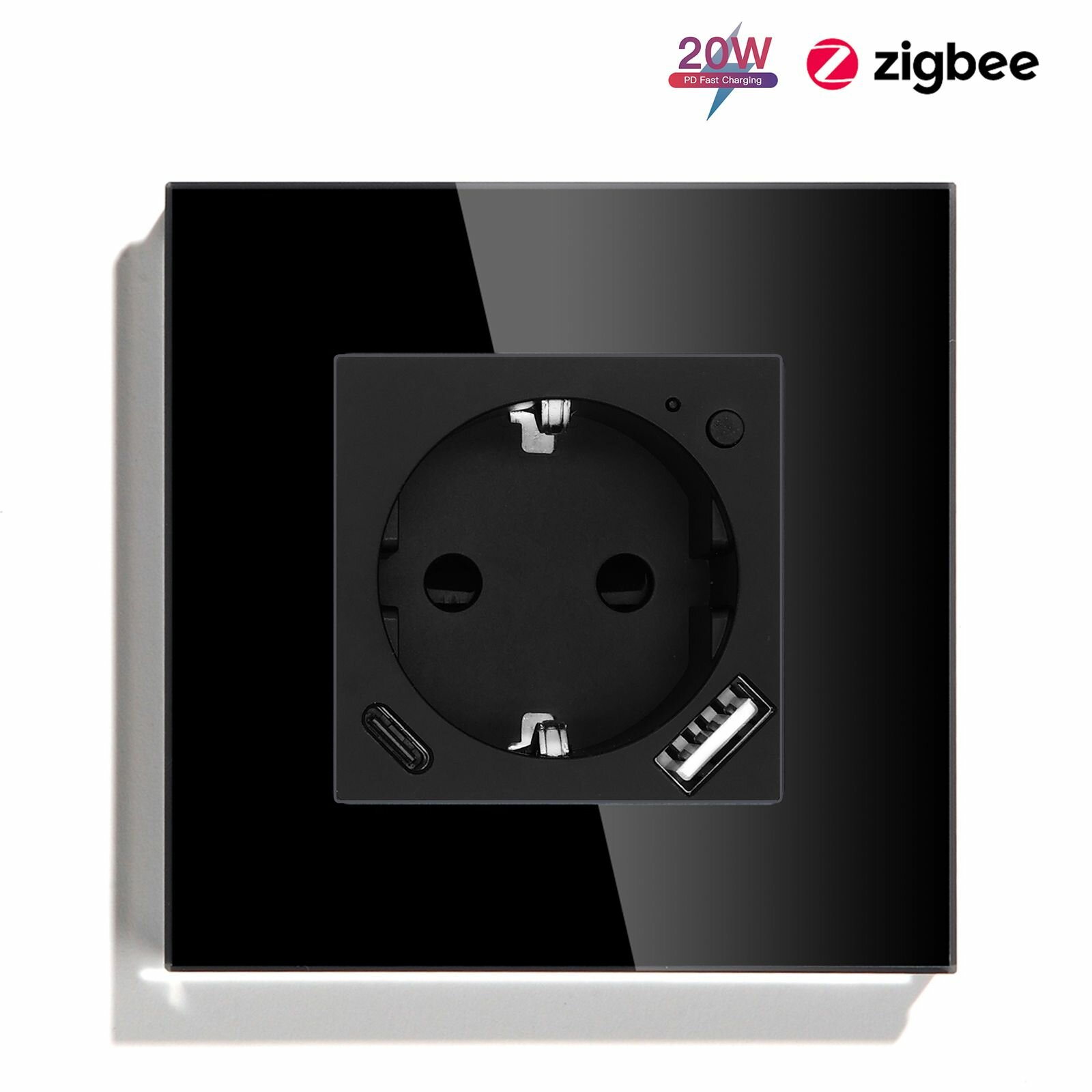 Розетка Умная Zigbee одинарная с USB и type-C входами, быстрая зарядка 20W, мониторинг потребления, поддержкой Алисой, рамка стекло Черная