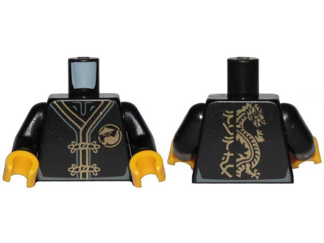 Torso Ninjago Robe with Gold Frog Clasps, Gold Sensei Wu Emblem Front and Gold Dragon Back Pattern / Black Arms / Yellow Hands, 973pb3033c01 Black U