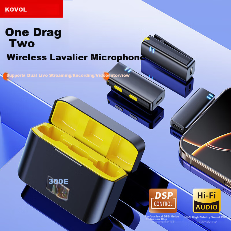 KOVOL Wireless Lavalier Microphone for Live Streaming, Vlogging, Outdoor Noise Reduction, Karaoke Recording, and Interviews with Dual Microphones - Compatible with Apple, Android, and S6