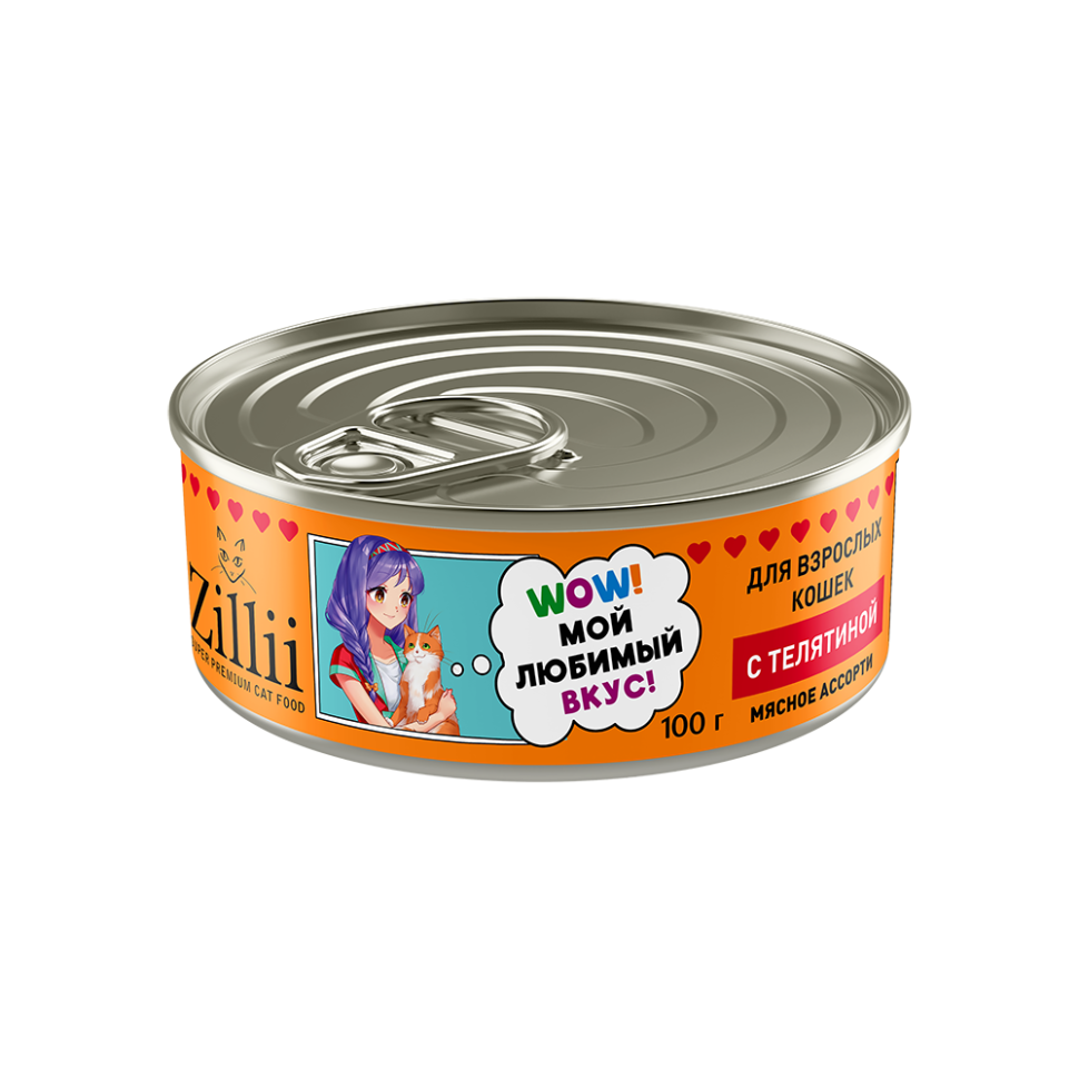 Zillii влажный корм для взрослых кошек с телятиной, в консервах - 100 г х 12 шт