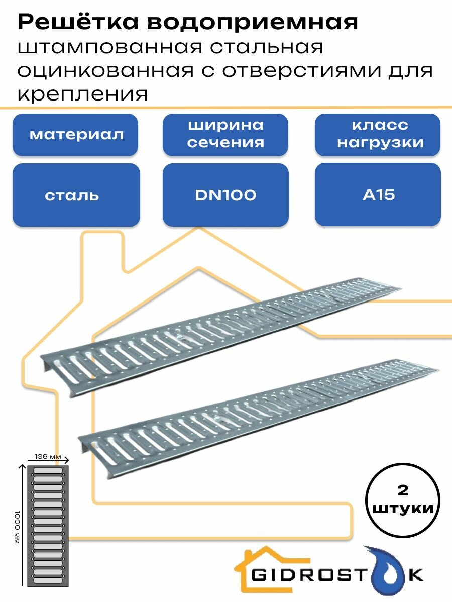 Решётка водоприёмная штампованная стальная оцинкованная DN100 1000мм х 136мм с отверстиями для крепления, класс А15 (комплект 2 штуки)