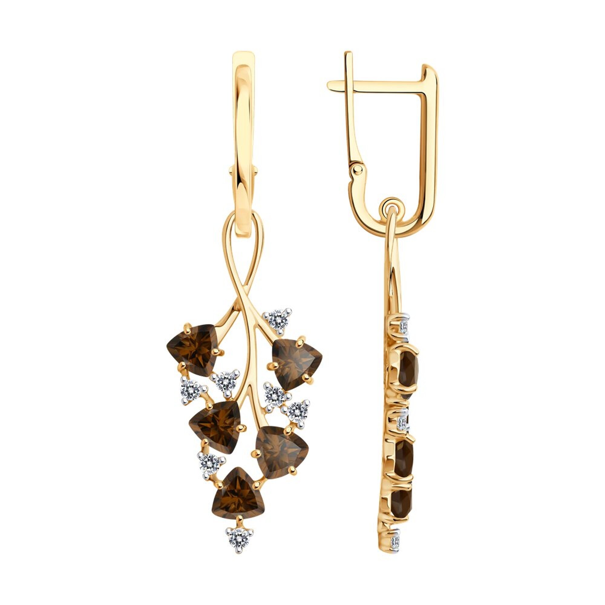 Серьги, серебро, 925 проба, золочение, раухтопаз, фианит