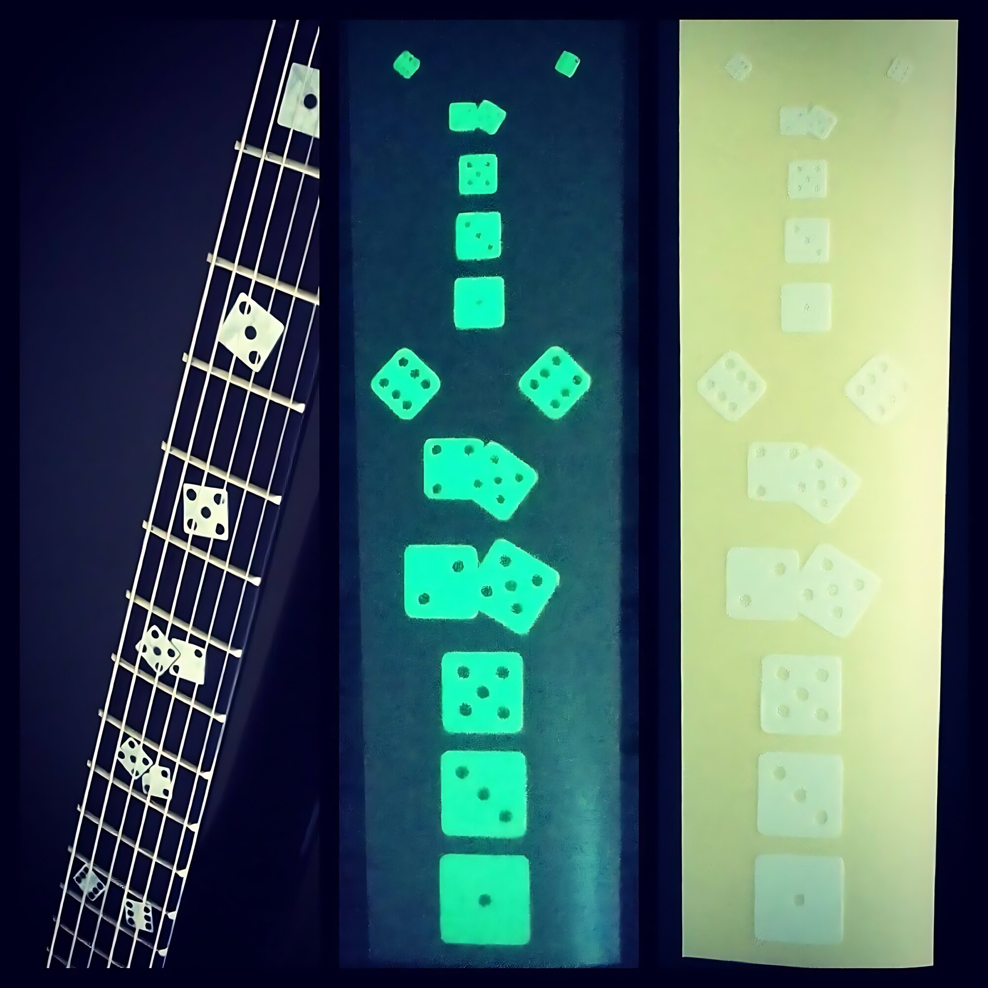 Наклейка на гриф гитары "Игральные кости" Струнки. ру, светится в темноте