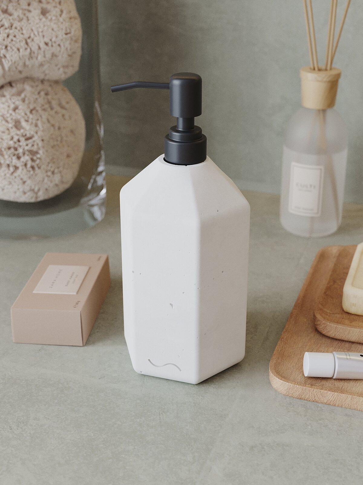 Дозатор для жидкого мыла Sakura, 400 мл, диспенсер для мыла из бетона, белый матовый