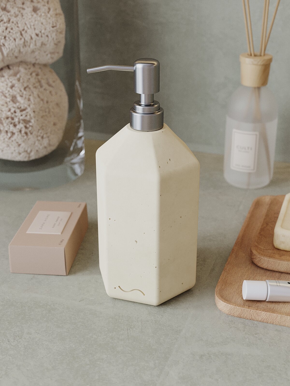 Дозатор для жидкого мыла Sakura, 400 мл, диспенсер для мыла из бетона, кремовый матовый