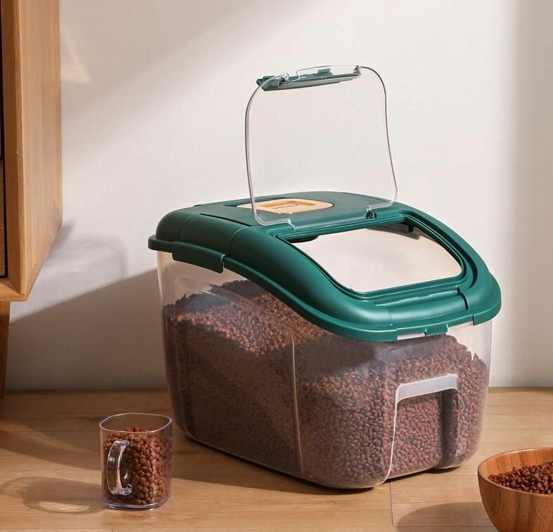 Контейнер для корма для домашних животных,15-литровый Темно-зеленый контейнер для корма домашних животных - большая емкость для хранения, доступная в магазине "магазин твоего друга"-1pcs