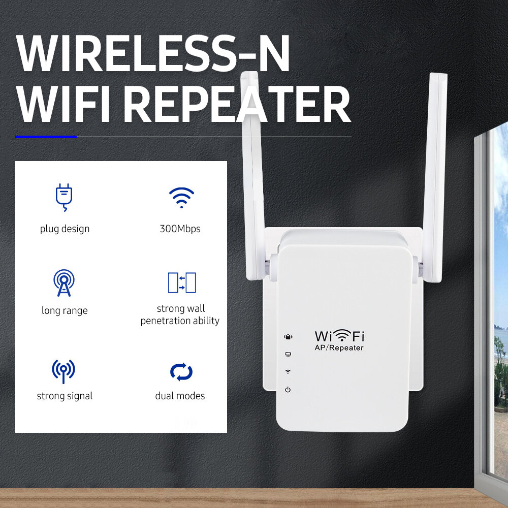 Повторитель WiFi/AP Беспроводной расширитель диапазона Точка доступа Усилитель сигнала 300 Мбит/с с двумя антеннами для домашнего офиса EU Plug