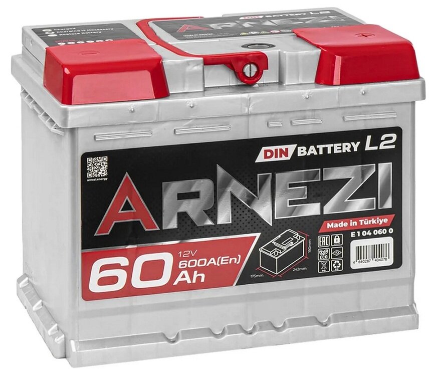 Аккумулятор автомобильный Arnezi DIN 60 А/ч 600 А обр. пол. Евро авто (242х175х190) E1040600