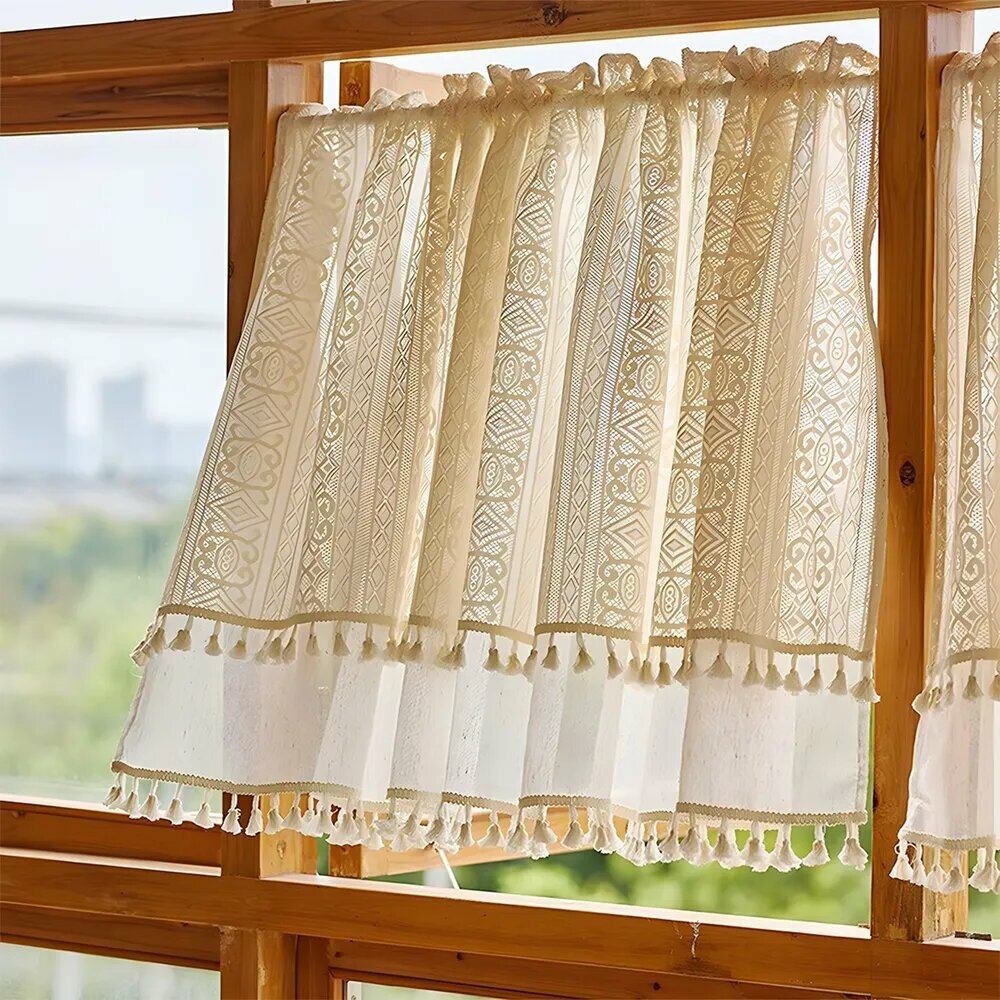 Штора-кафе 61 см х 76 см, бежевый，Двухслойные короткие шторы