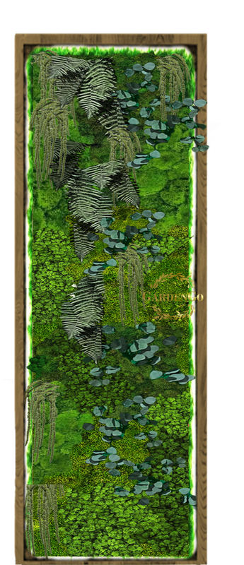 Панно из мха "Микс мхов и зелени с амарантом" в деревянной раме №35, 100*50