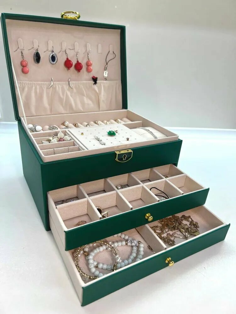 Шкатулка для украшений "Изумрудная", 56 отделений, бархатный верх