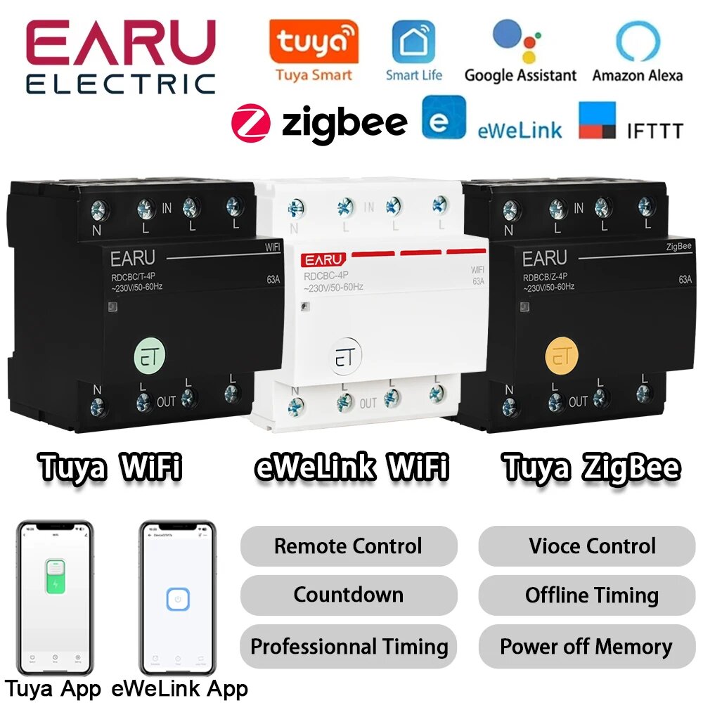 Умный автоматический выключатель EARUELECTRIC Tuya ZigBee, 80А