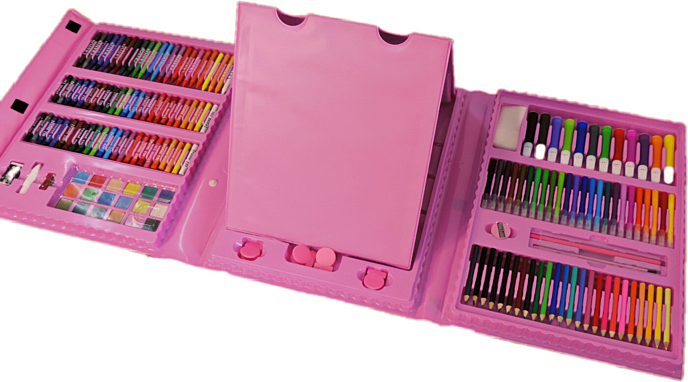 Чемоданчик "Набор Юного художника" для рисования 208 предметов с мольбертом, розовый.