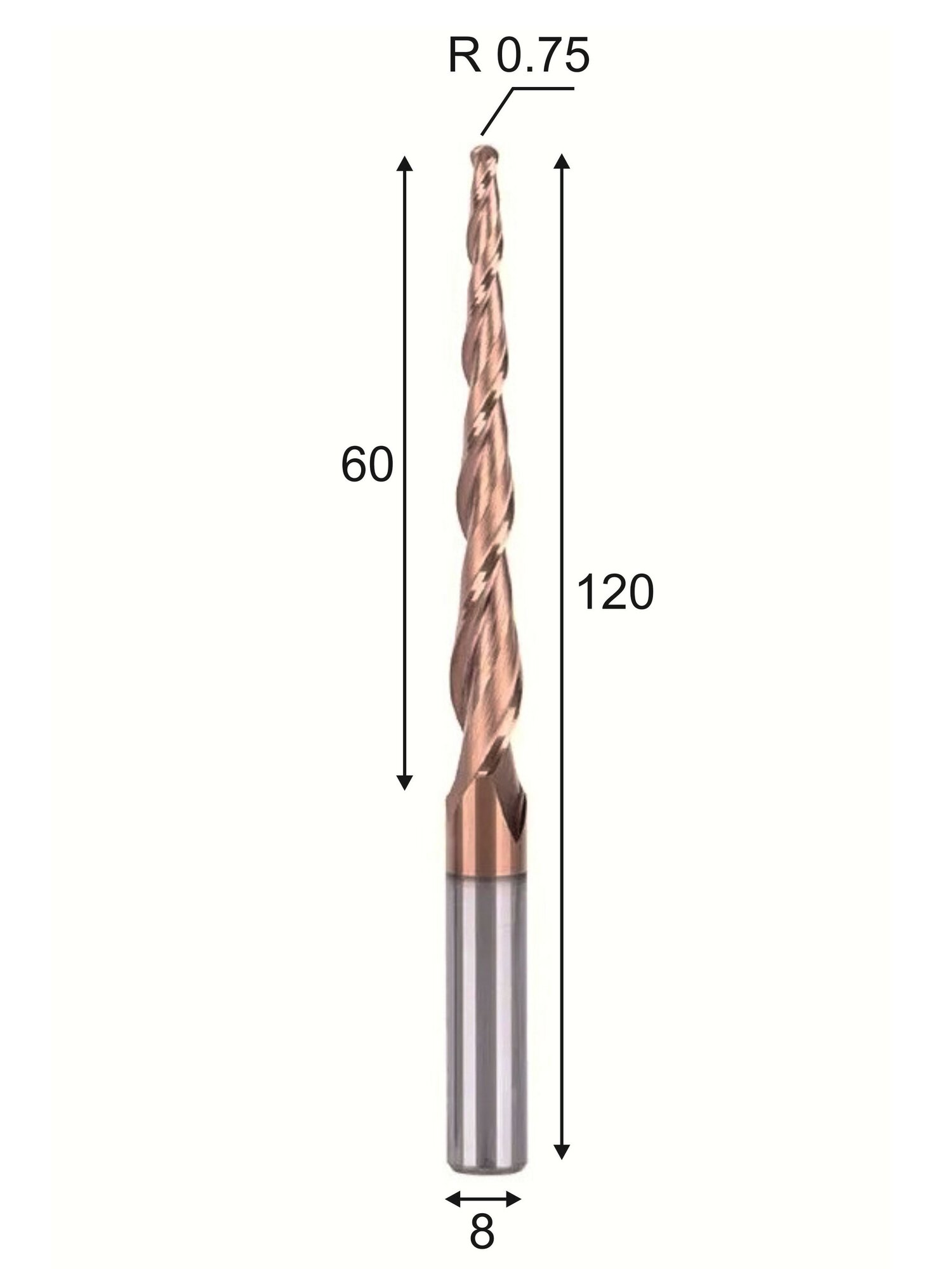 Фреза конусная двухзаходная сферическая для станков с ЧПУ R0.75х60х120х8