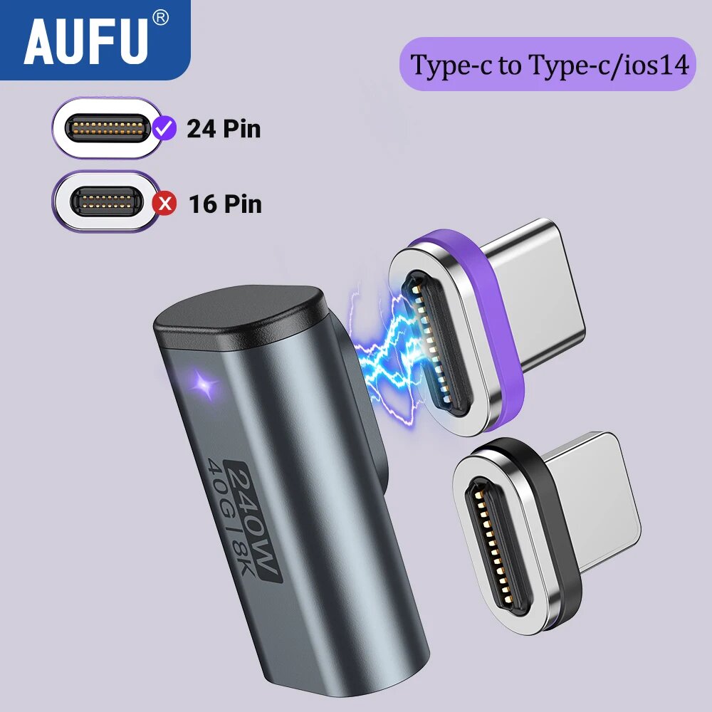 Магнитный адаптер AUFU USB4.0 24Pin 240 Вт USB C к Type C 40 Гбитp Быстрая зарядка USB C Женский преобразователь 8K USB OTG Адаптер Thunderbolt3 24pin Adapter TC IP