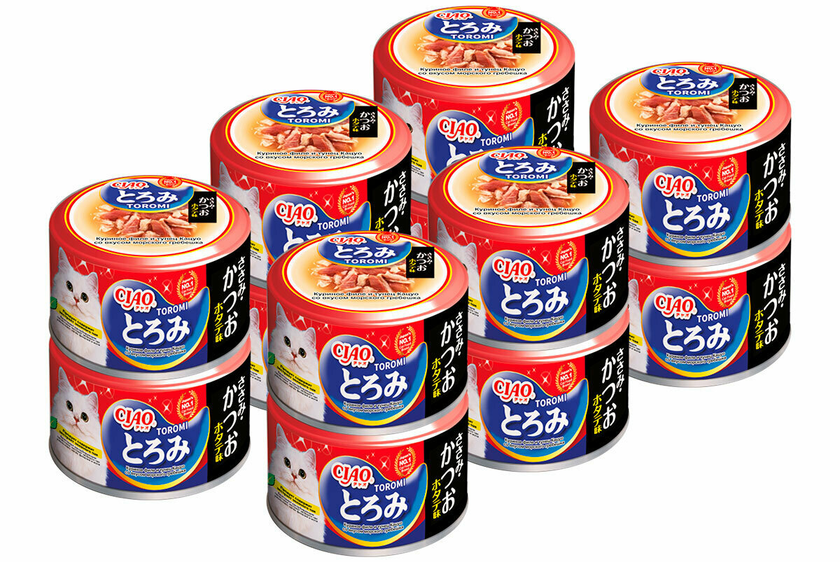 Корм влажный Inaba Ciao Toromi для взрослых кошек, куриное филе, тунец Кацуо и морской гребешок в бульоне, 80 гр х 12 шт