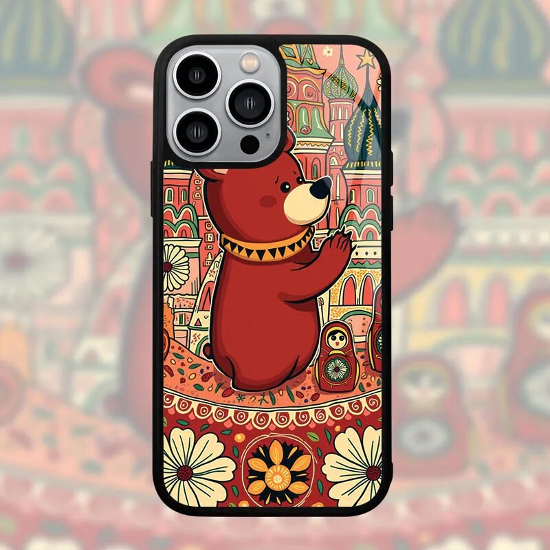 Чехол для iPhone 13 Pro с медведем и матрешками
