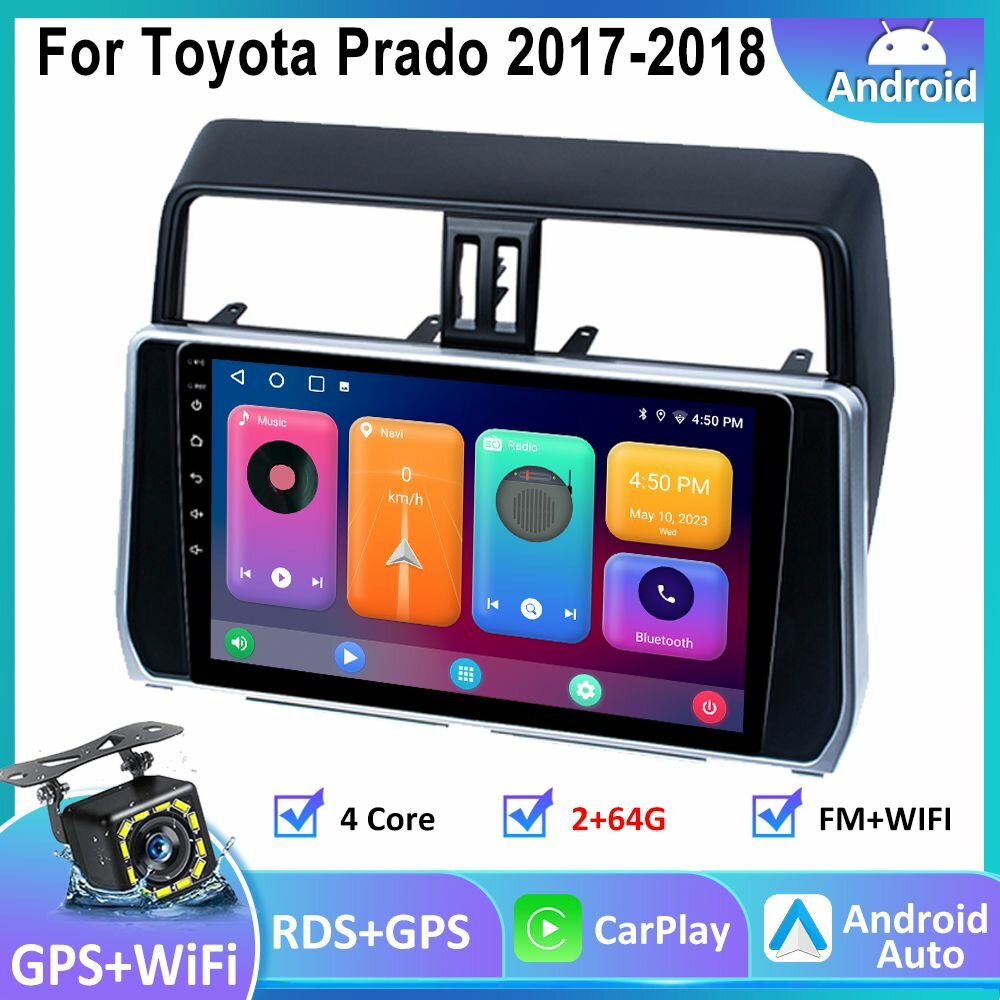 Магнитола для Toyota Prado 2017-2018 , Автомагнитола для Тойота, Android 2+64GB 2din Мультимедиа Bluetooth FM WIFI Автомобильный
