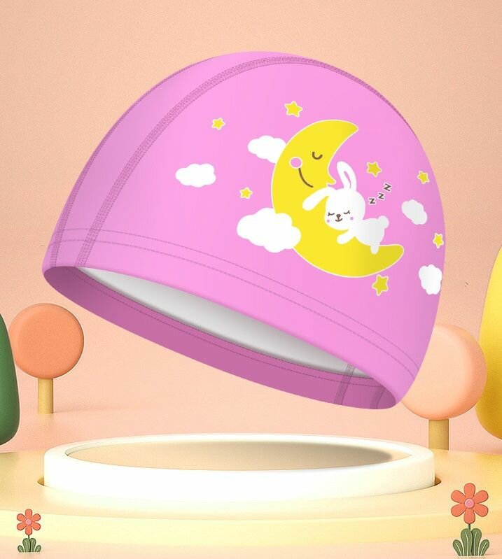 Шапочка для плавания детская HAIZID зайка на луне розовая тканевая с полиуретан покрытием на обхват головы 50-58 комбинированная