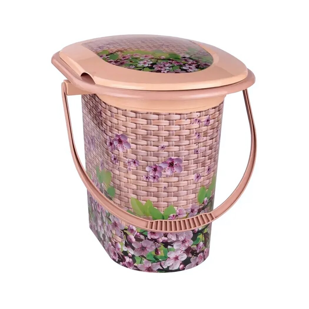Ведро-туалет дачное 17л, пластик, декор 'Плетёнка' с цветочным узором, светло-розовое, с крышкой и ручкой