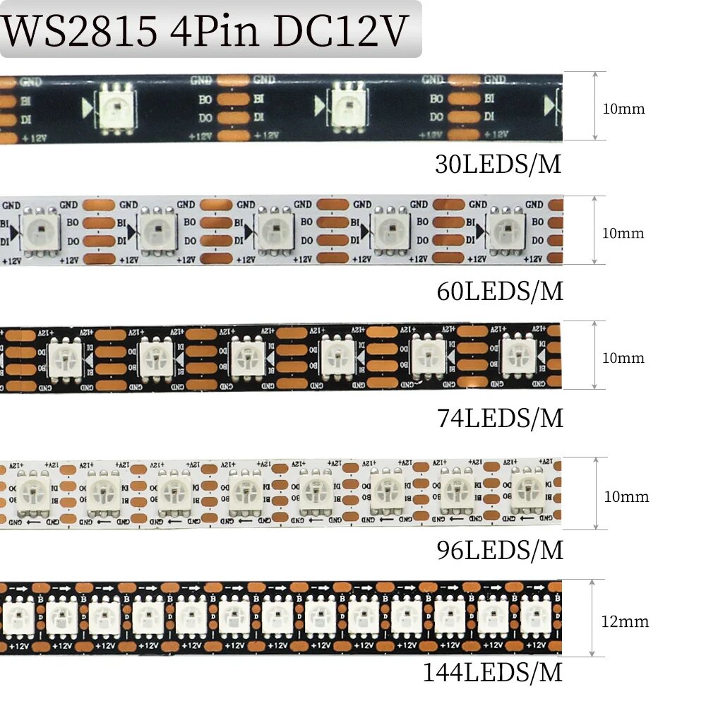 RGB светодиодная лента WS2815, 5M, 96LEDs/m, 12V, IP65, черный