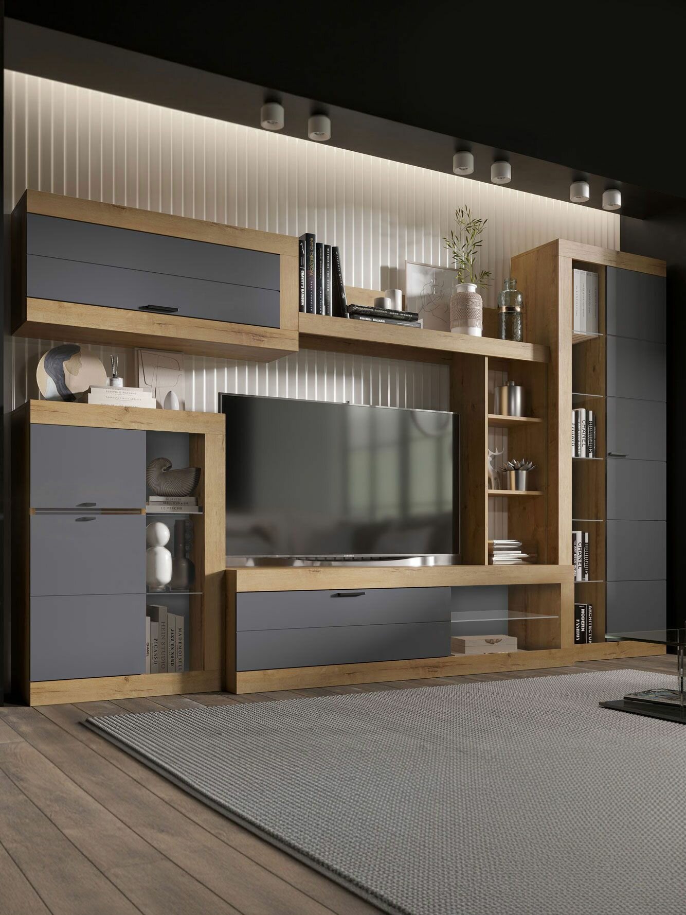 Гостиная комплект Прага, ТВ-тумба, шкафы, настенная полка, 285.2х42.6 см, Дуб Вотан / Графит Софт Без подсветки